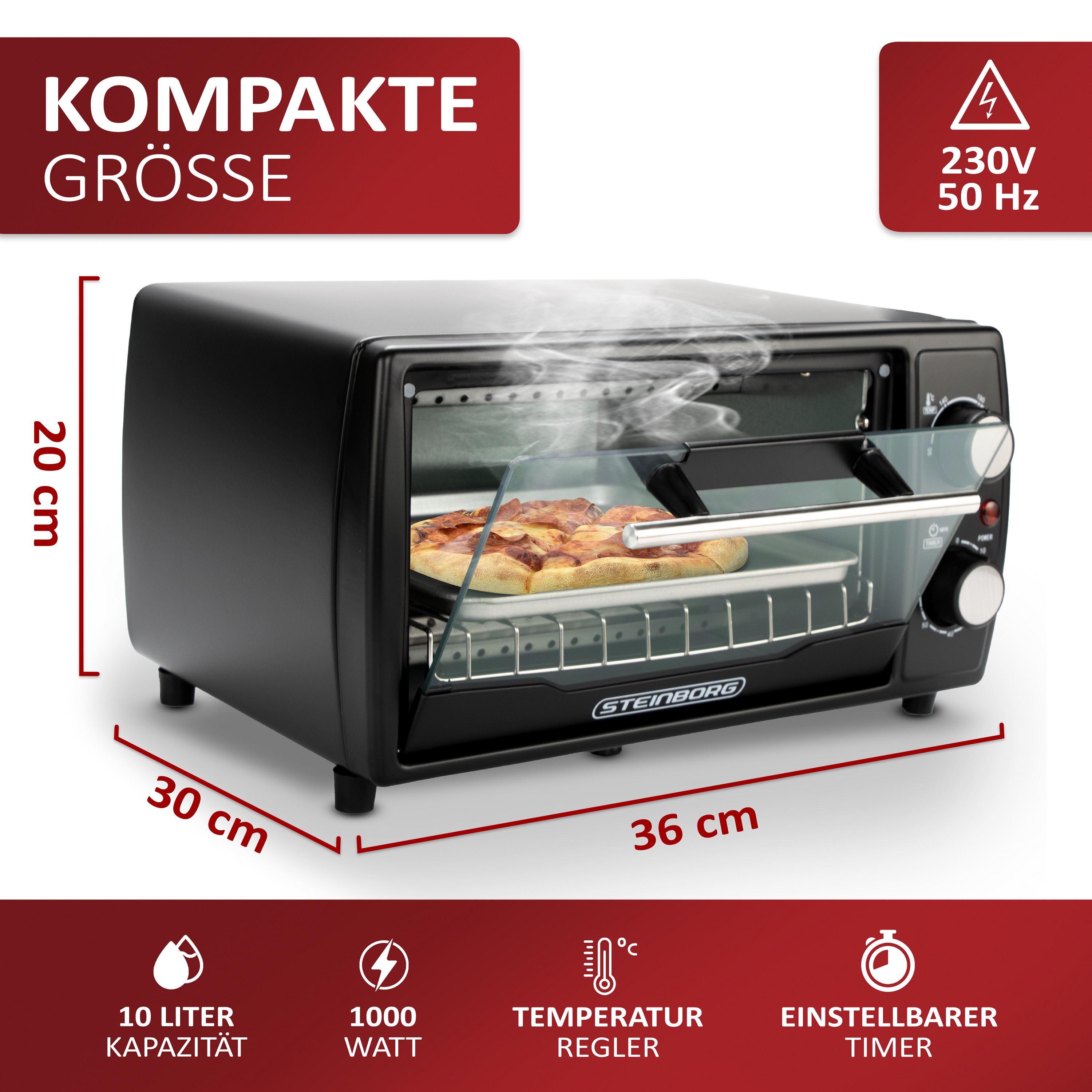 Steinborg Minibackofen 10 Liter Ober- / Unterhitze 60 Minuten Timer stufenlose Temperatur ...