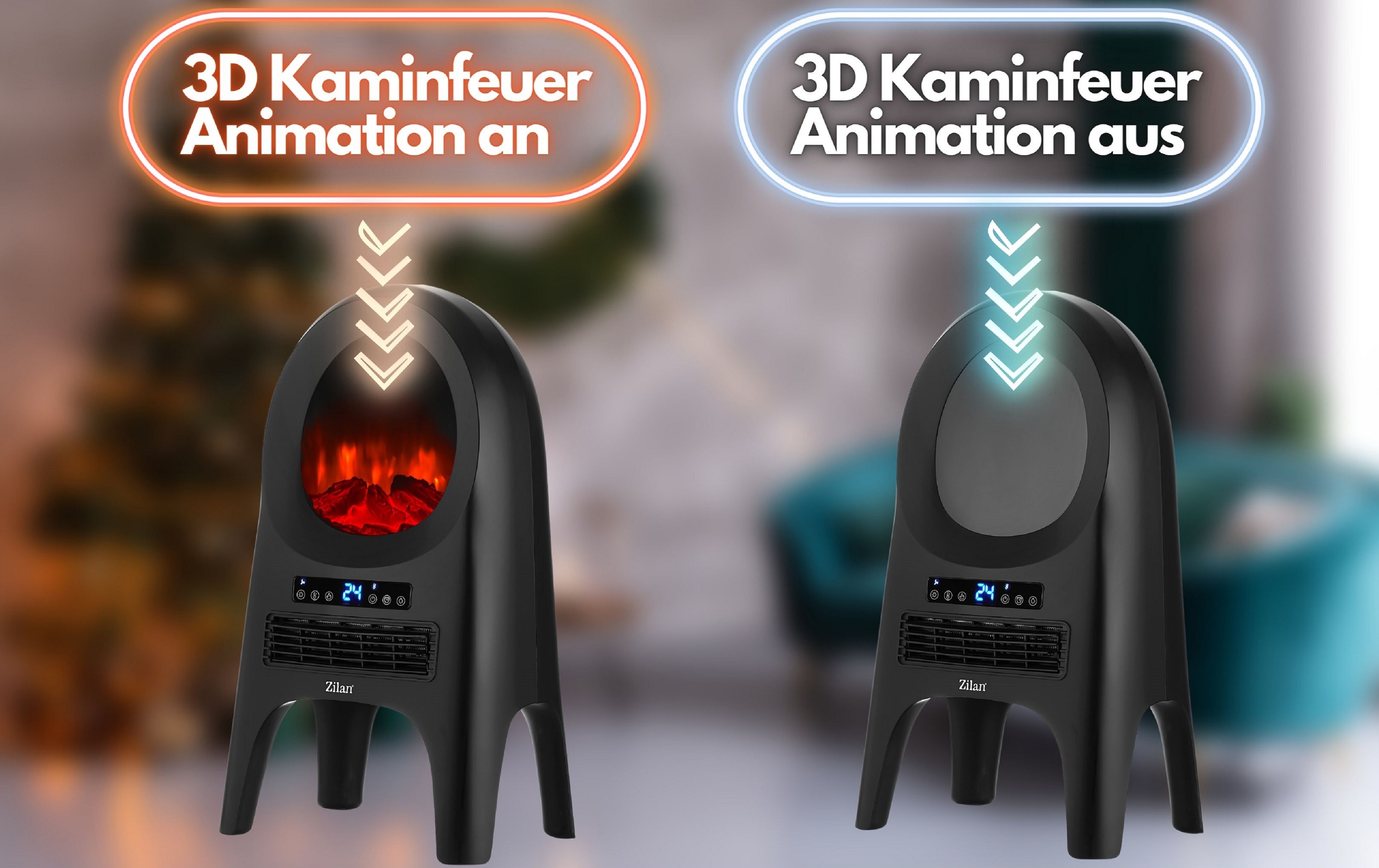Zilan Design Keramik Heizlüfter mit 3D Kaminfeuer 2000 Watt Mit ...