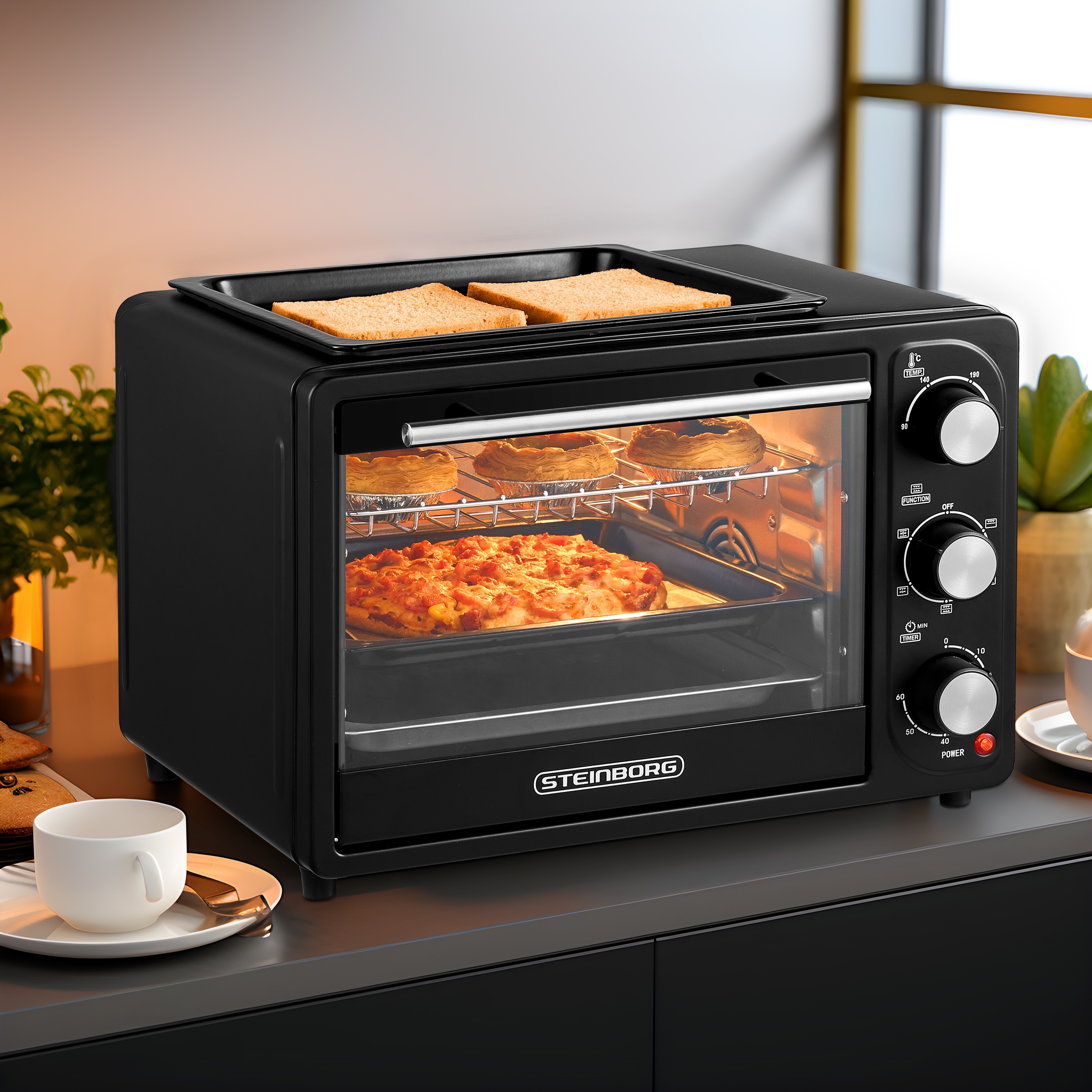 Steinborg 3 in 1 Mini-Backofen mit Grillplatte 20 Liter Pizzaofen ...